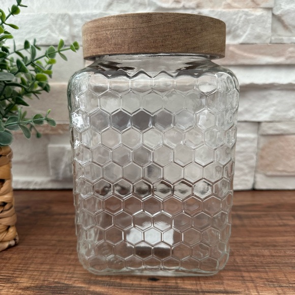 Kitchen | Honeycomb Glass Jar Canister With A Wooden Lid | Poshmark